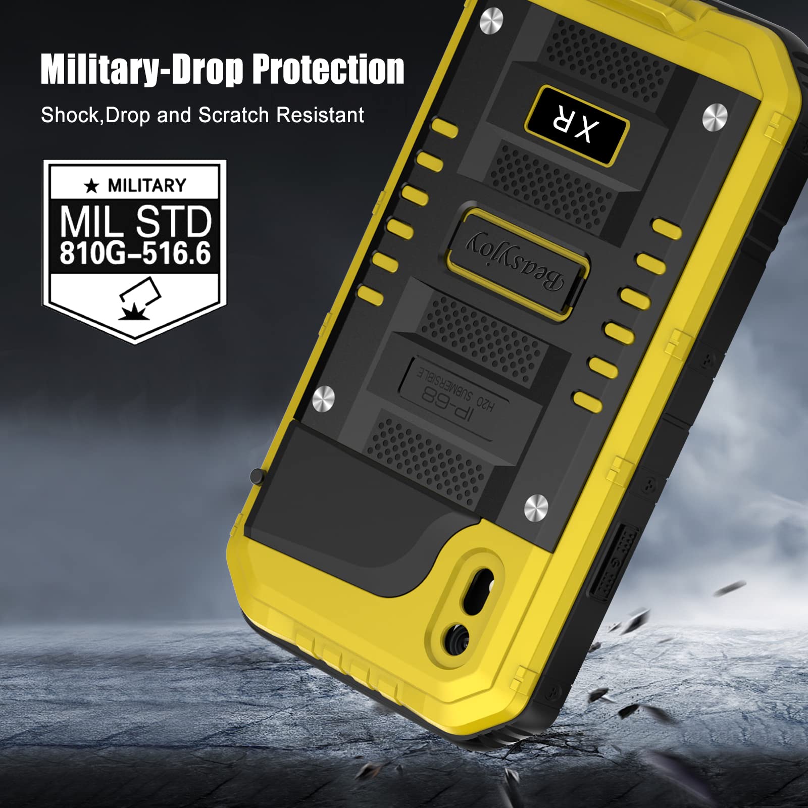 Beasyjoy for iPhone XR Metal Case, Waterproof Heavy Duty Case with Built-in Screen Protector, Full Body Protective Shockproof Tough Rugged Military Grade Defender Outdoor Case(Yellow)