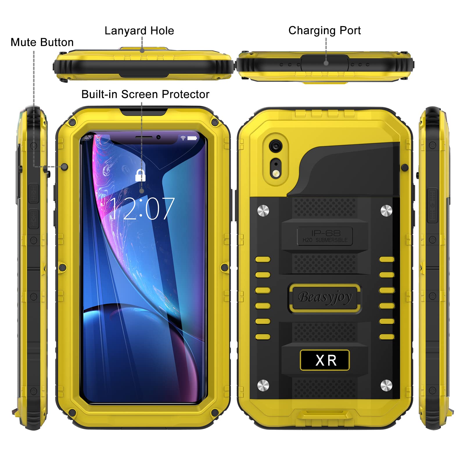 Beasyjoy for iPhone XR Metal Case, Waterproof Heavy Duty Case with Built-in Screen Protector, Full Body Protective Shockproof Tough Rugged Military Grade Defender Outdoor Case(Yellow)