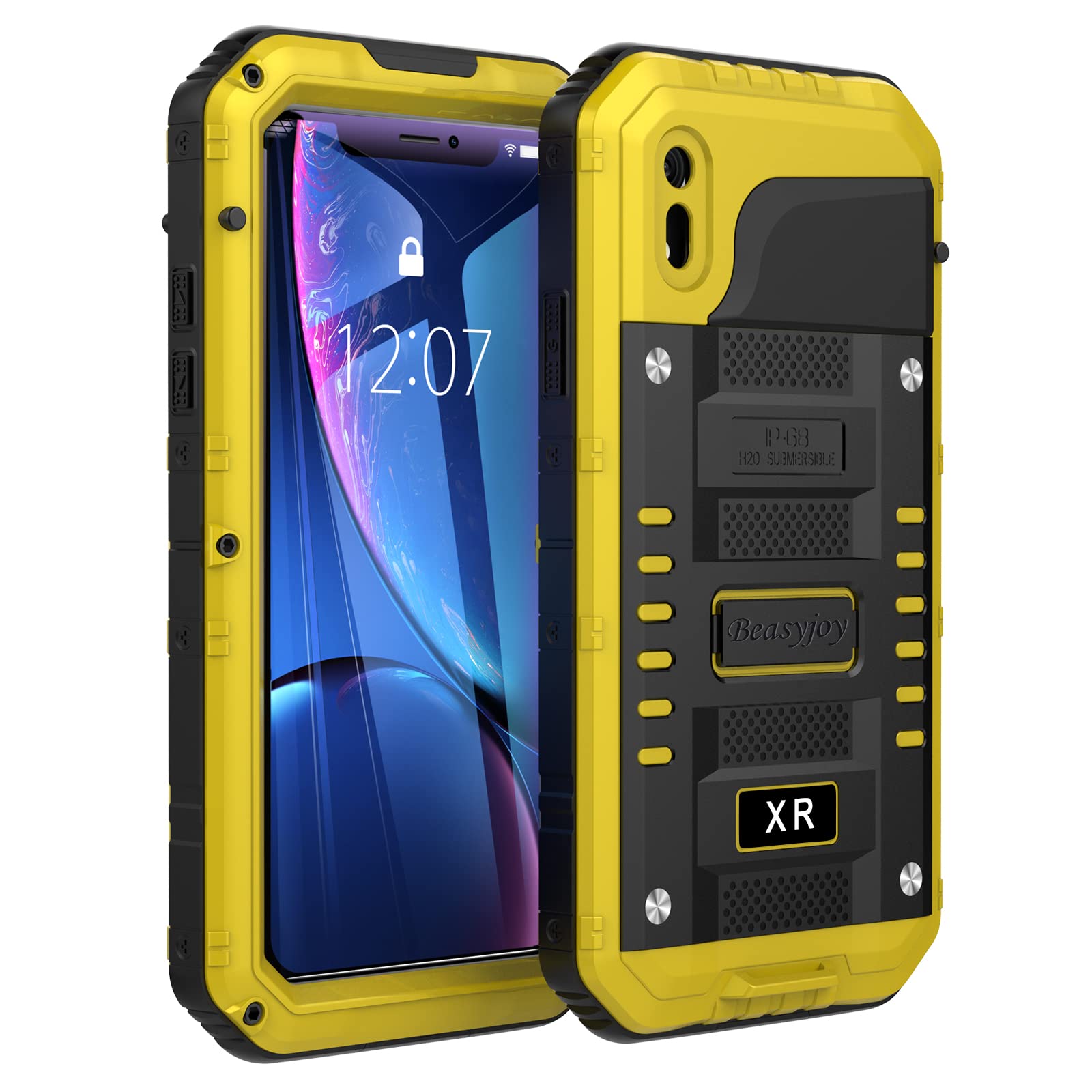 Beasyjoy for iPhone XR Metal Case, Waterproof Heavy Duty Case with Built-in Screen Protector, Full Body Protective Shockproof Tough Rugged Military Grade Defender Outdoor Case(Yellow)