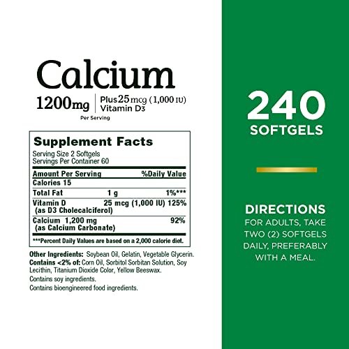 Nature’s Bounty Calcium Plus 1000 IU Vitamin D3, Immune Support & Bone Health, Softgels, 120 Ct (2-Pack)