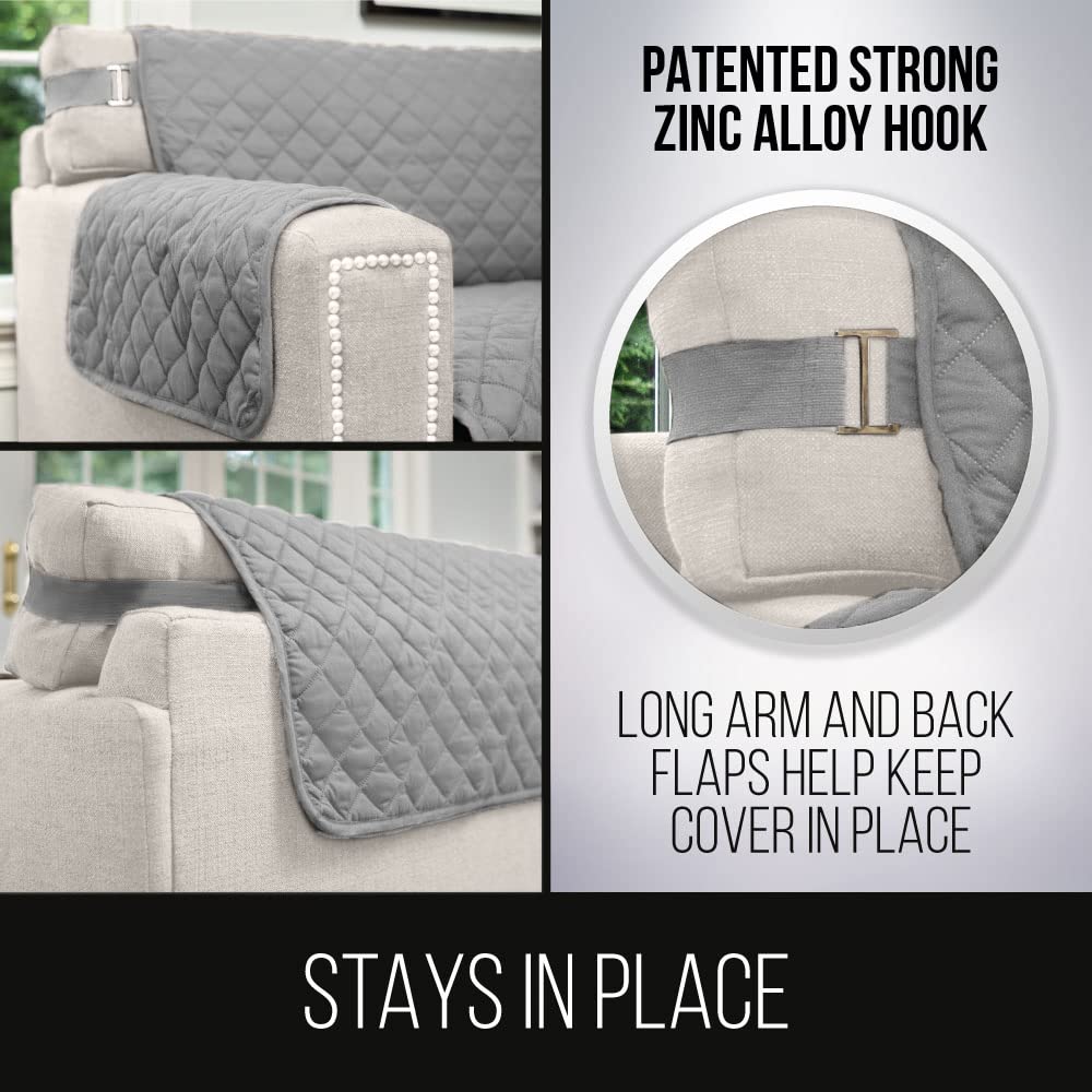 Sofa Shield Loveseat Slip Cover with Patented Strap, Cushion Protector, Reversible Stain, Dog Tear Resistant Slipcover, Quilted Microfiber 54β Seat, Washable Covers, Dogs Pets Kids Light Gray Charcoal