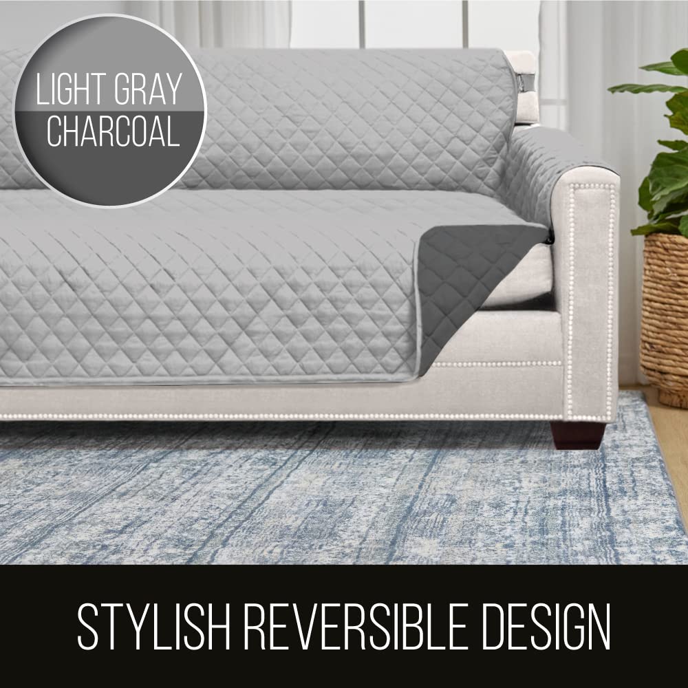 Sofa Shield Loveseat Slip Cover with Patented Strap, Cushion Protector, Reversible Stain, Dog Tear Resistant Slipcover, Quilted Microfiber 54β Seat, Washable Covers, Dogs Pets Kids Light Gray Charcoal