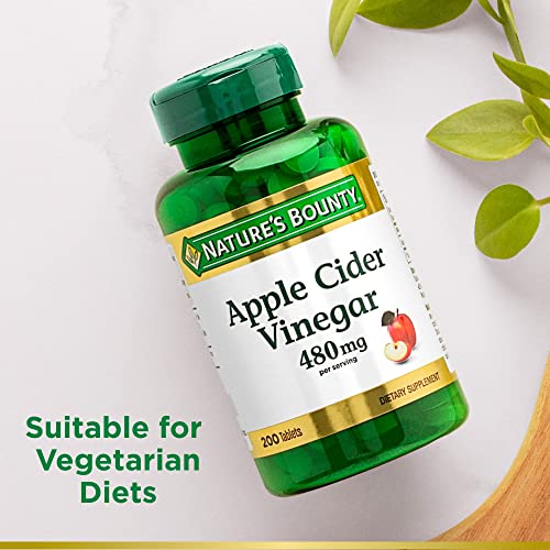 Nature’s Bounty Apple Cider Vinegar 480mg Pills, Vegetarian Supplement Plant Based, 200 Tablets