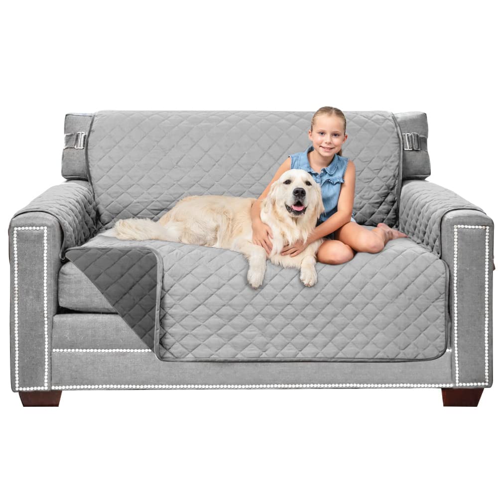 Sofa Shield Loveseat Slip Cover with Patented Strap, Cushion Protector, Reversible Stain, Dog Tear Resistant Slipcover, Quilted Microfiber 54ā Seat, Washable Covers, Dogs Pets Kids Light Gray Charcoal