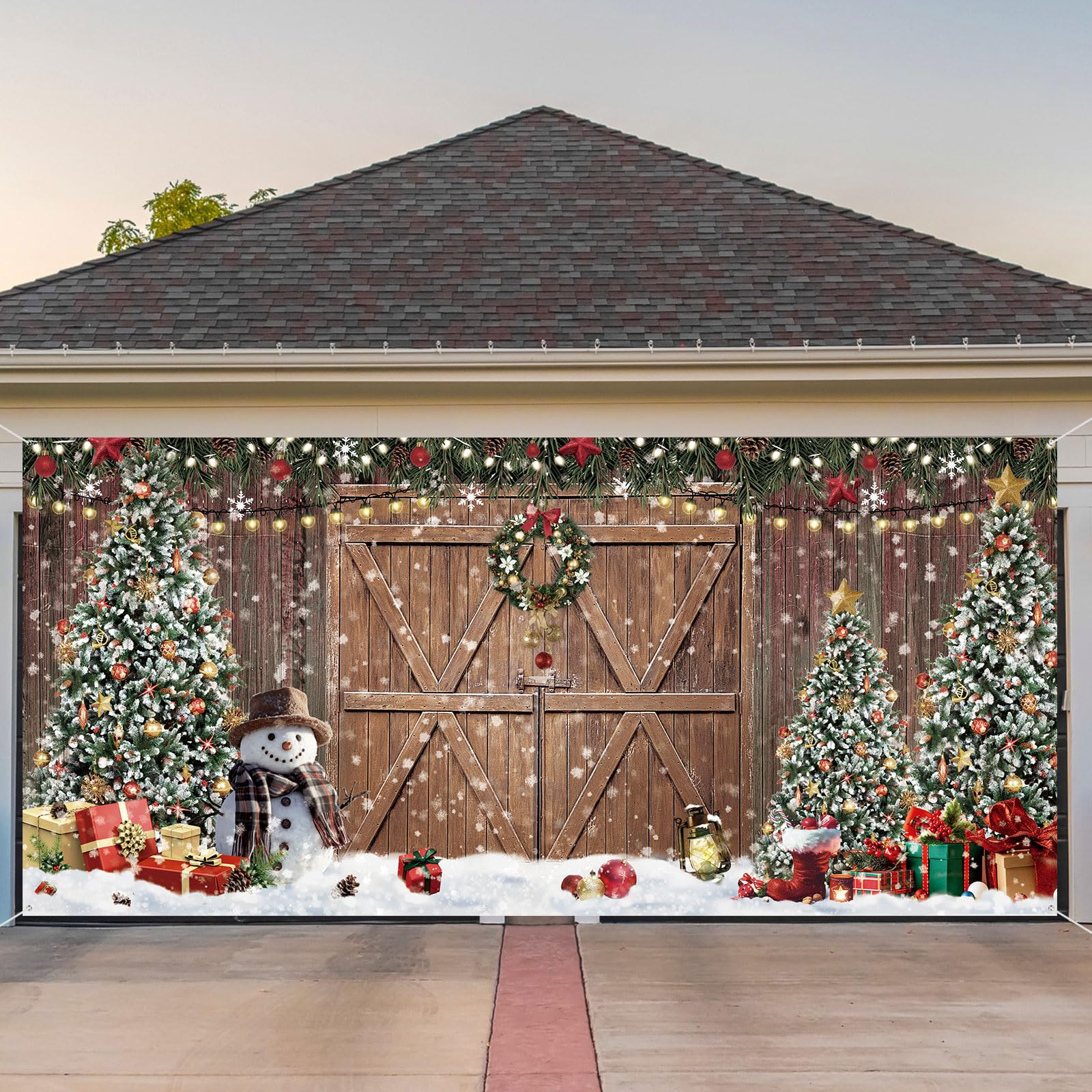 WovWeave Winter Garage Door Decoration 13 x 6 ft Rustic Barn Wood Garage Door Cover Polyester Fabric Christmas Garage Door Banner Snow Garage Door Background for Holiday Garage Decoration
