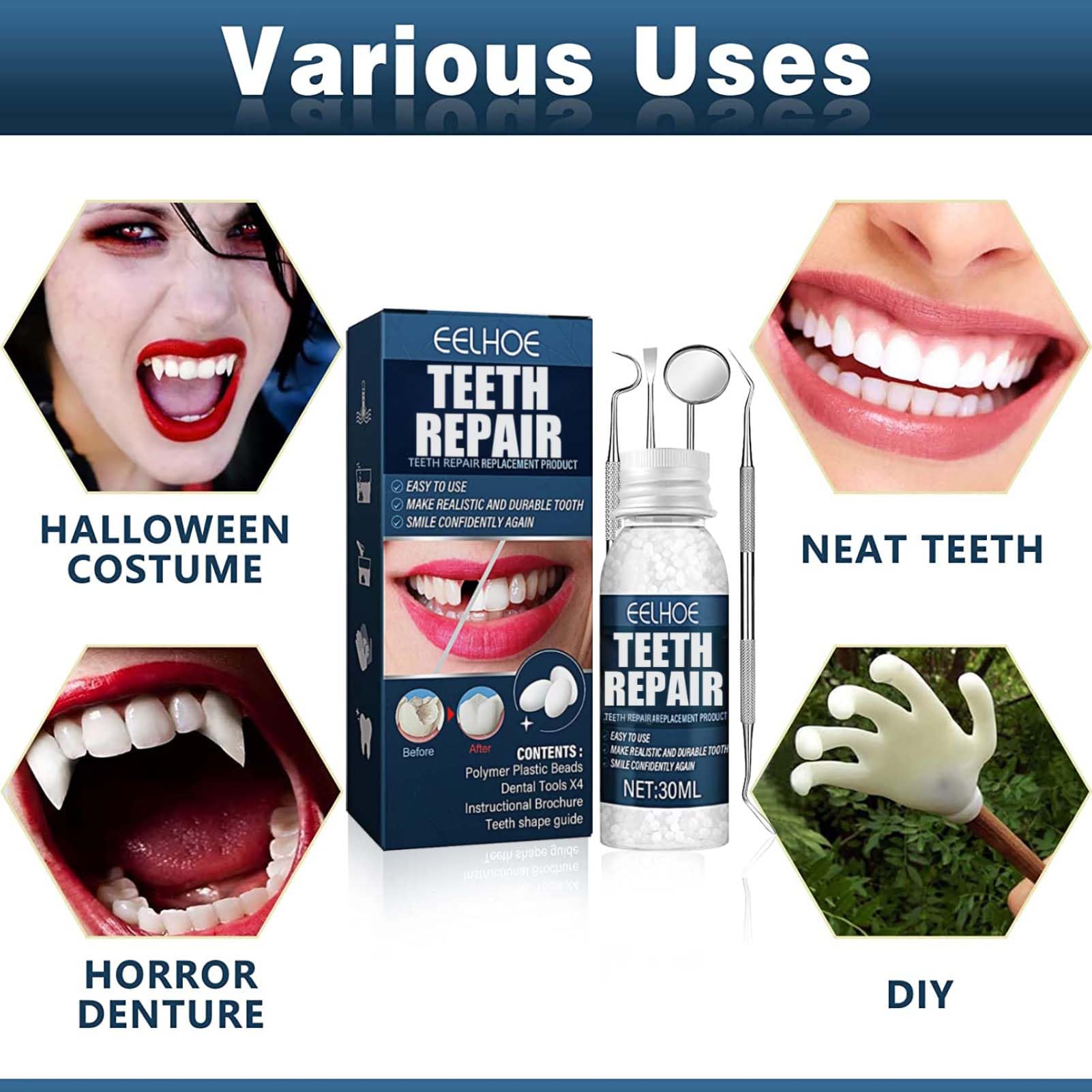 Teeth Repair Kit,Tooth Repair Kit for Missing Teeth, Cavity Filler for Teeth,Temp Tooth Beads with 4 Dental Tools, Repair Missing or Broken Teeth, Snap On Instant and Confident Smile
