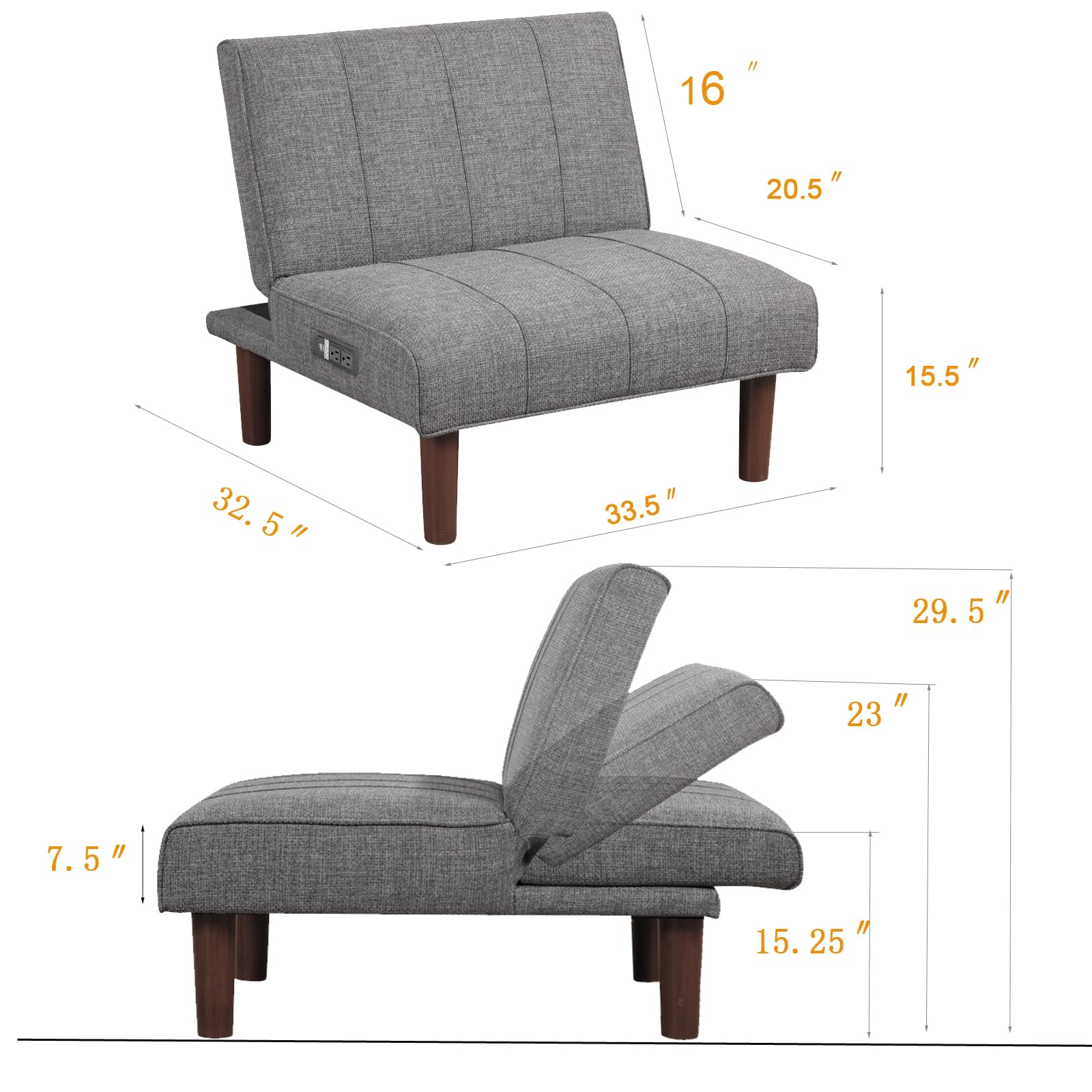 Mini Couches, Armless Upholstered Futon Couch Chair with USB Charger, Adjustable Backrest Small Sofa Couch for Living Room, Bedroom, Office, Dorm, Apartment,Kids Room,Gray Dog Couch 305DR1USB