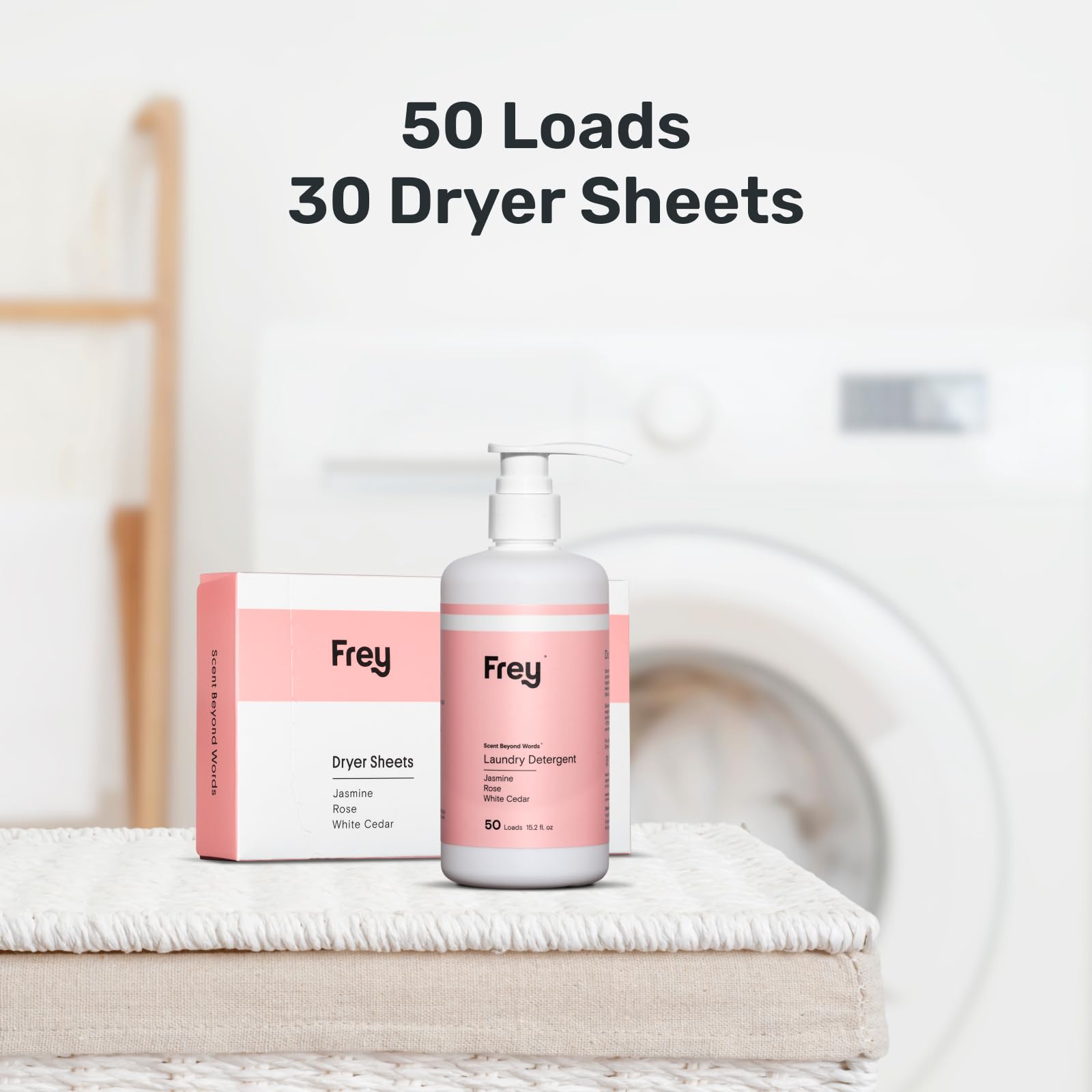 FREY Laundry Set | Concentrated Liquid Detergent & Natural Dryer Sheets | Jasmine Rose White Cedar Scent | Eco-Friendly & Skin-Safe