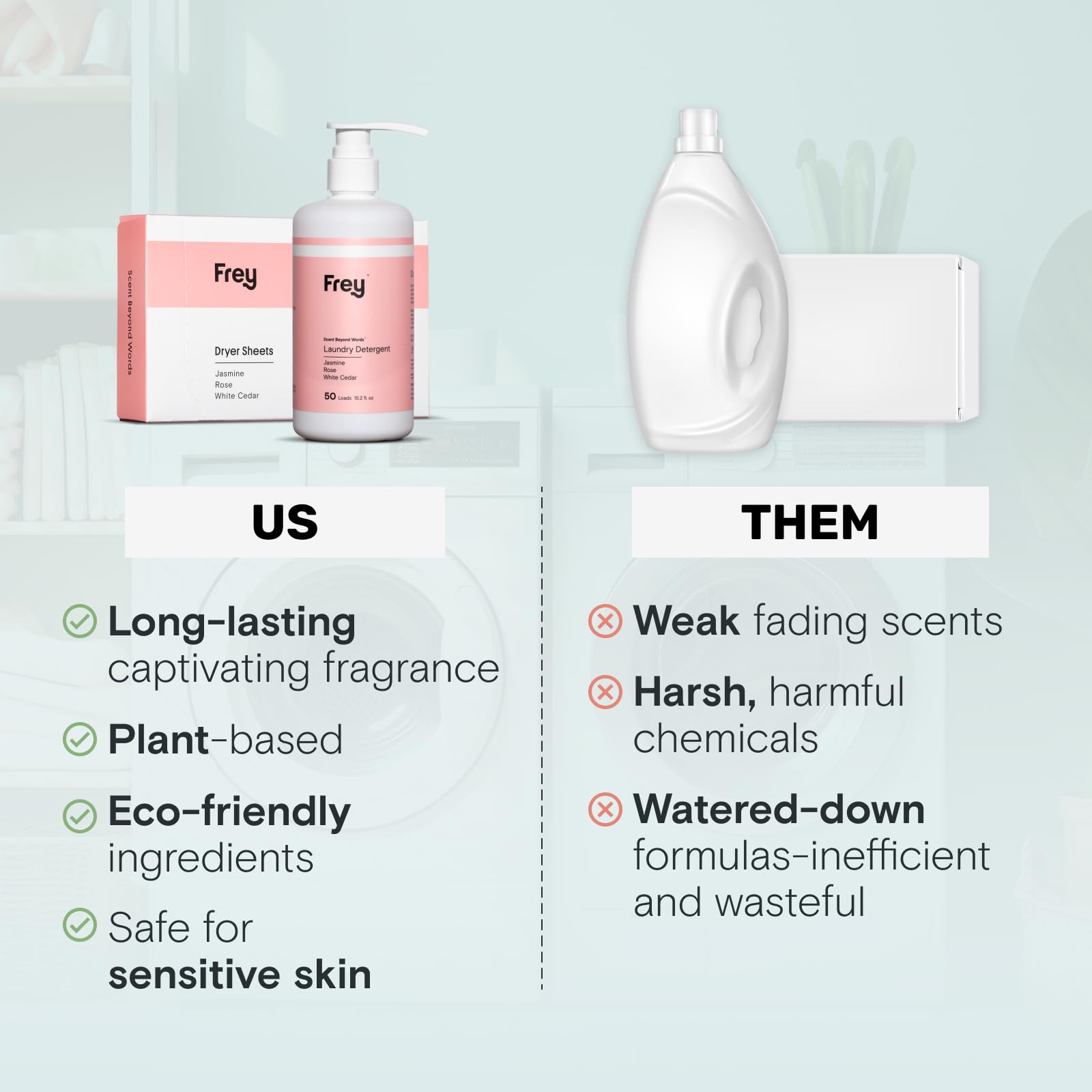 FREY Laundry Set | Concentrated Liquid Detergent & Natural Dryer Sheets | Jasmine Rose White Cedar Scent | Eco-Friendly & Skin-Safe