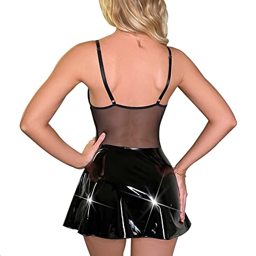 Oyolan Women Metallic Latex Leather Flared Dress Adjustable Spaghetti Straps Sleeveless Sexy Dress Black Large