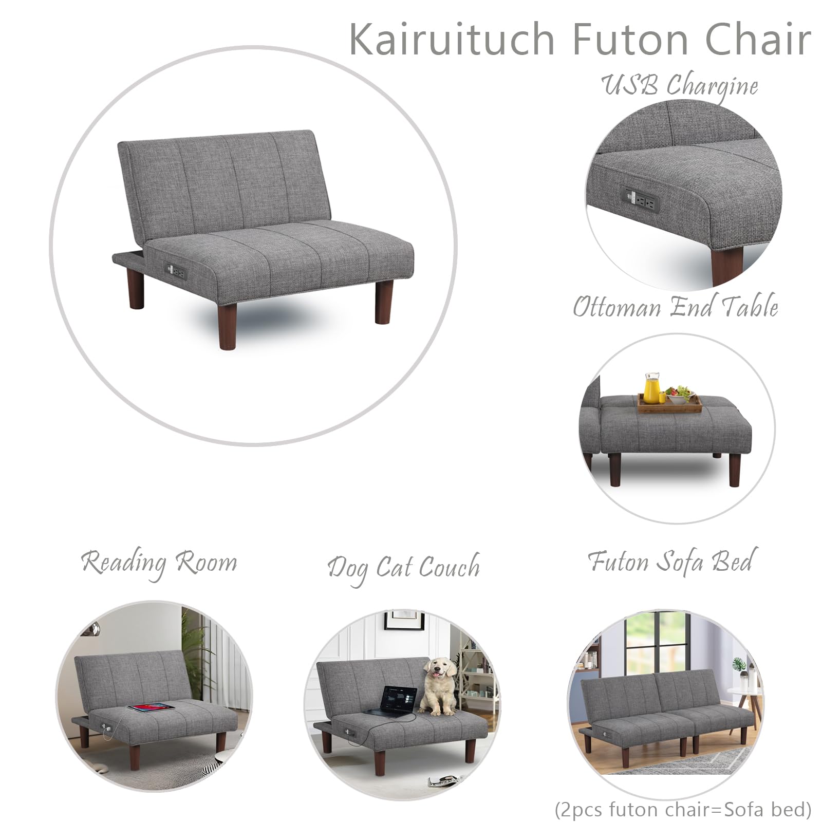 Mini Couches, Armless Upholstered Futon Couch Chair with USB Charger, Adjustable Backrest Small Sofa Couch for Living Room, Bedroom, Office, Dorm, Apartment,Kids Room,Gray Dog Couch 305DR1USB