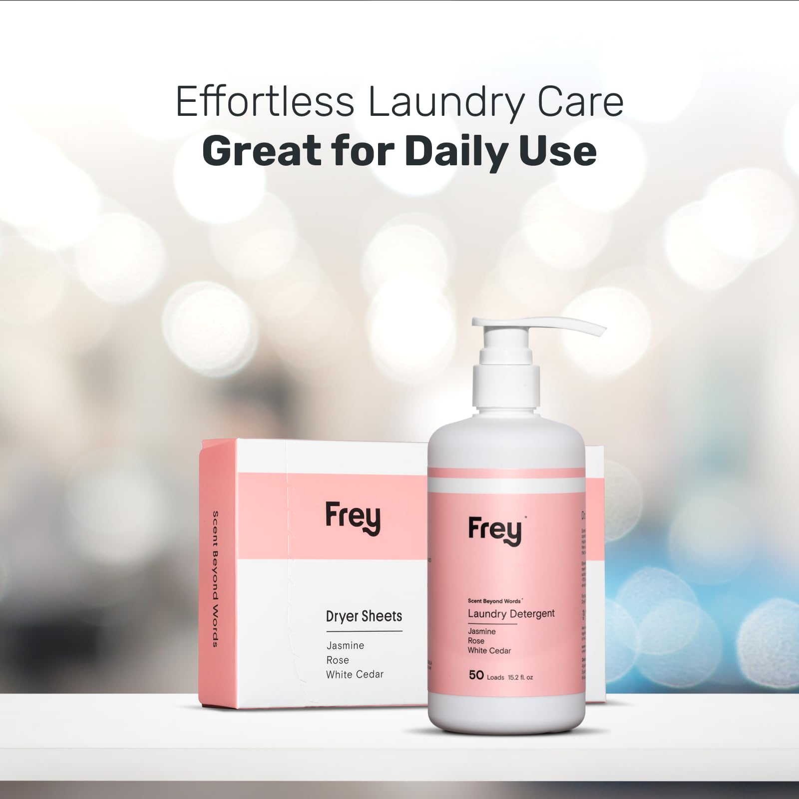 FREY Laundry Set | Concentrated Liquid Detergent & Natural Dryer Sheets | Jasmine Rose White Cedar Scent | Eco-Friendly & Skin-Safe