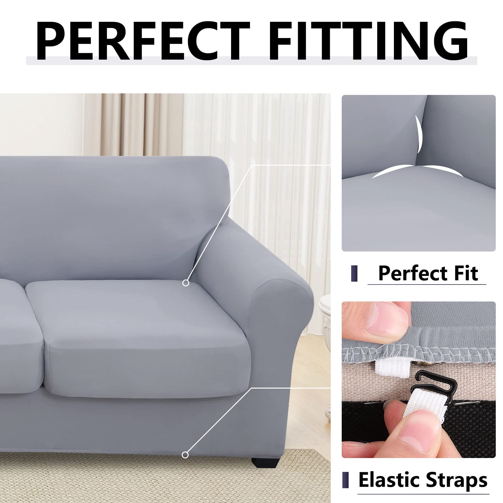 hyha 3 Pieces Couch Covers for 2 Cushion Couch, Love Seat Couch Covers, Sofa Covers Washable Stretch Loveseat Sofa Slipcover, Loveseat Covers with Elastic Straps (Loveseat, Light Gray)