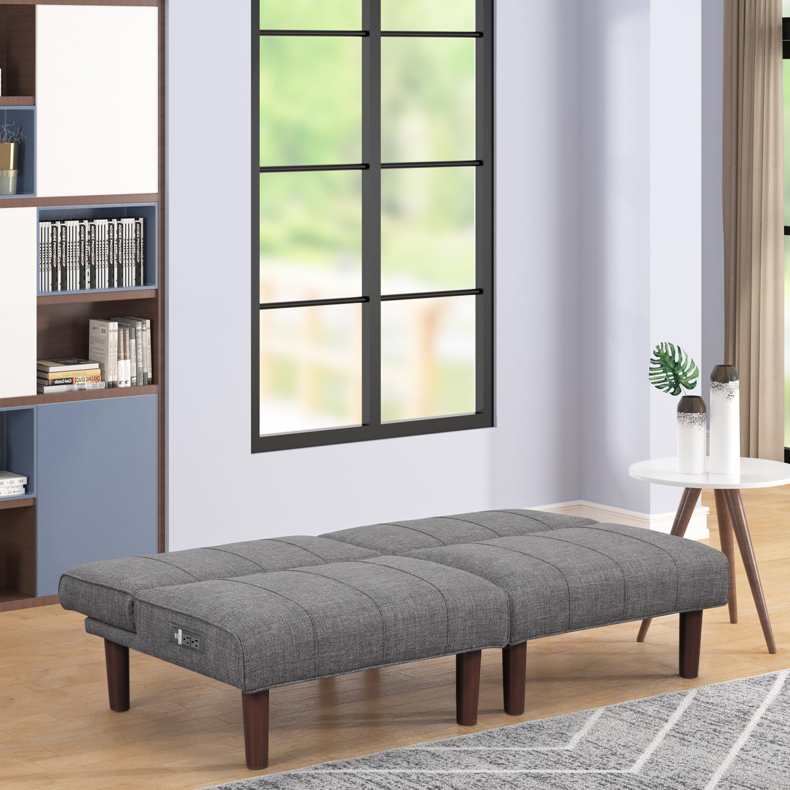 Mini Couches, Armless Upholstered Futon Couch Chair with USB Charger, Adjustable Backrest Small Sofa Couch for Living Room, Bedroom, Office, Dorm, Apartment,Kids Room,Gray Dog Couch 305DR1USB