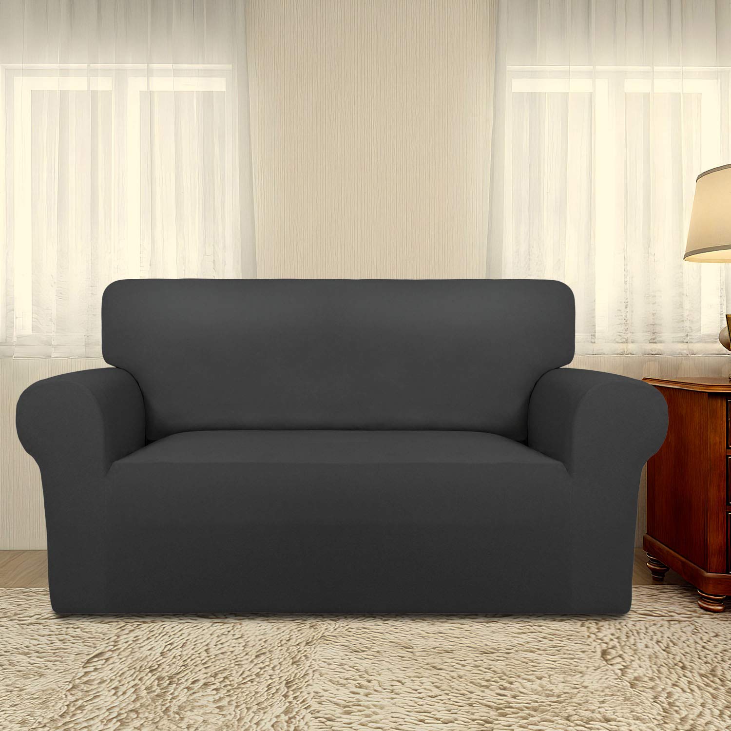 PureFit Super Stretch Sofa Slipcover – Spandex Non Slip Soft Couch Sofa Cover, Washable Furniture Protector with Non Skid Foam and Elastic Bottom for Kids, Pets (Loveseat, Dark Gray)