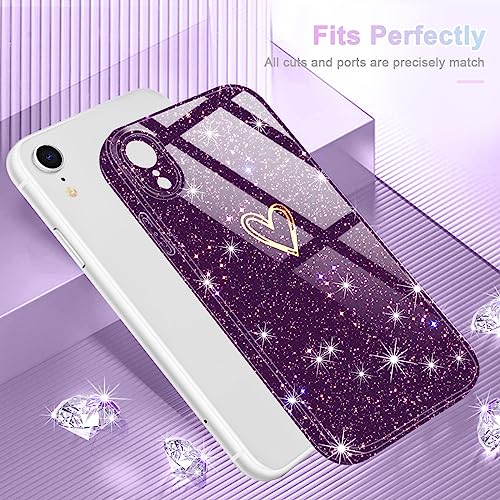 Qviskteme for iPhone XR Case Cute,Clear Glitter with [1 x Tempered Glass Screen Protector] Sparkly Bling Shockproof Bumper Protective Soft Silicone Phone Cover Case for Women Girls(Dark Purple)