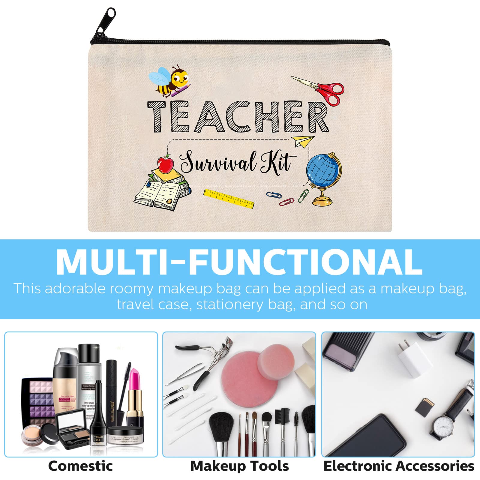 24 Pcs Teacher Appreciation Gift Makeup Bags Teacher Survival Kit Cosmetic Bags Canvas Zipper Pouch Travel Toiletry Case (7.1 x 4.3 Inch) Multicolor