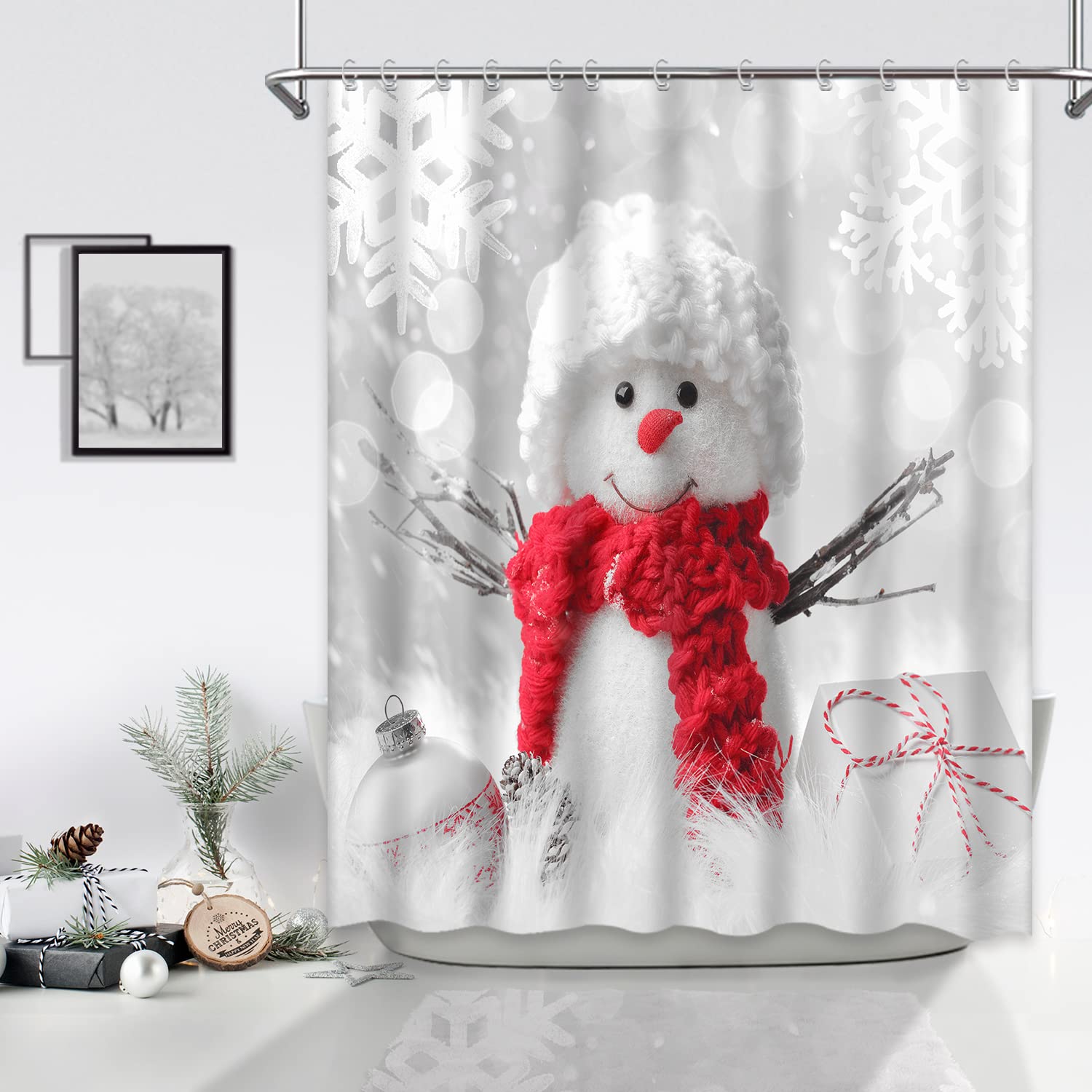 loyapobo Christmas Shower Curtain Snowman Snowflake Silver Red Christmas Bathroom Decor Winter Holiday Xmas Fabric Shower Curtains Set with Hooks, 72" x 72"