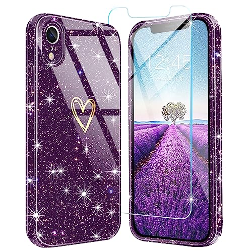 Qviskteme for iPhone XR Case Cute,Clear Glitter with [1 x Tempered Glass Screen Protector] Sparkly Bling Shockproof Bumper Protective Soft Silicone Phone Cover Case for Women Girls(Dark Purple)