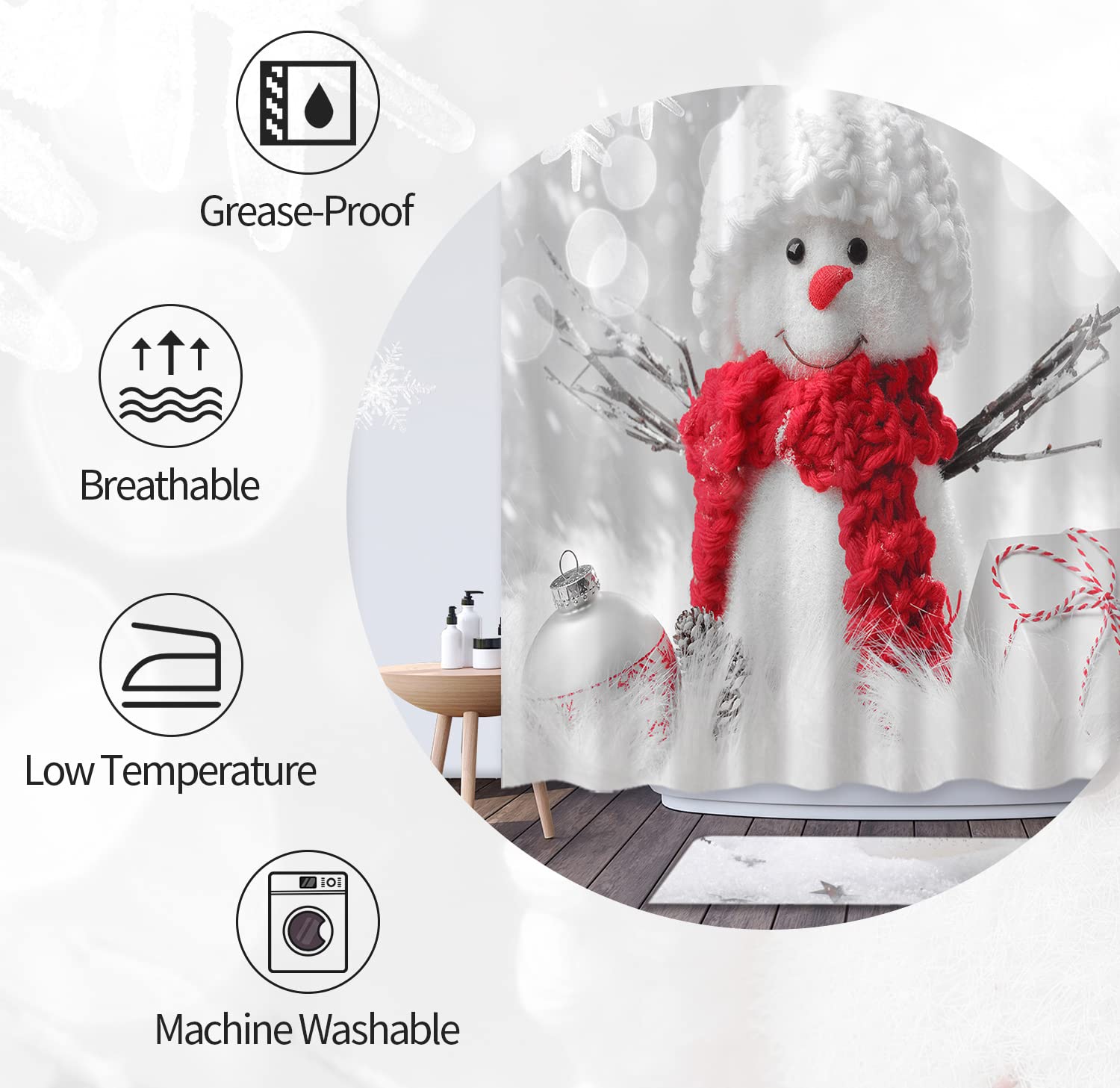 loyapobo Christmas Shower Curtain Snowman Snowflake Silver Red Christmas Bathroom Decor Winter Holiday Xmas Fabric Shower Curtains Set with Hooks, 72" x 72"