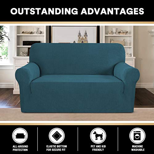 PrinceDeco Stretch Loveseat Sofa Cover Slipcover Couch Cover for 2 Cushion Sofa Washable Sofa Cover for Pets Friendly Furniture Protector Covers with Non Slip Bottom(Loveseat, Deep Teal)
