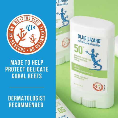 BLUE LIZARD Mineral Sunscreen Stick with Zinc Oxide SPF 50+ Water Resistant UVA/UVB Protection Easy to Apply Fragrance Free, Kids, Unscented, 5 Oz