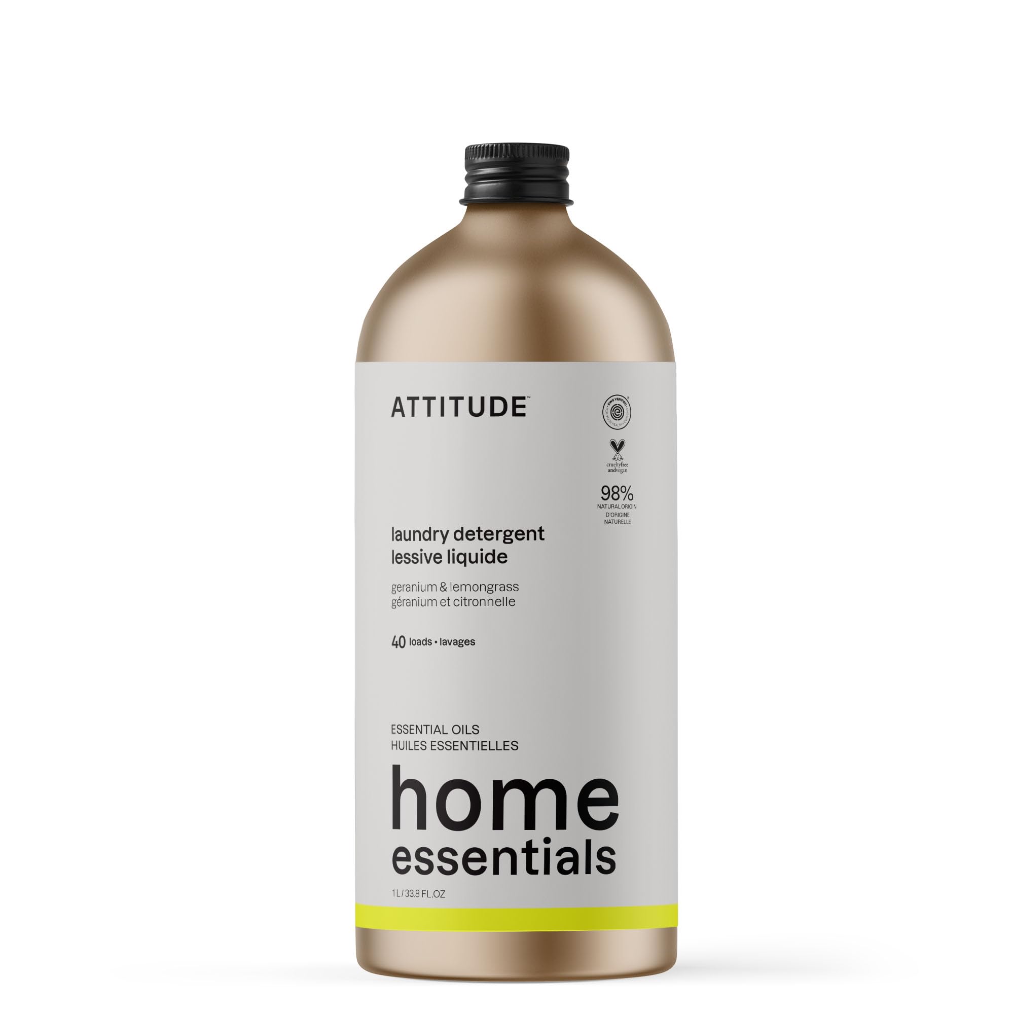 ATTITUDE Laundry Detergent with Essential Oils, EWG Verified, Vegan, Plant and Mineral-Based Ingredients, HE, Refillable Aluminum Bottle, 40 Loads, Geranium and Lemongrass, 33.8 Fl Oz