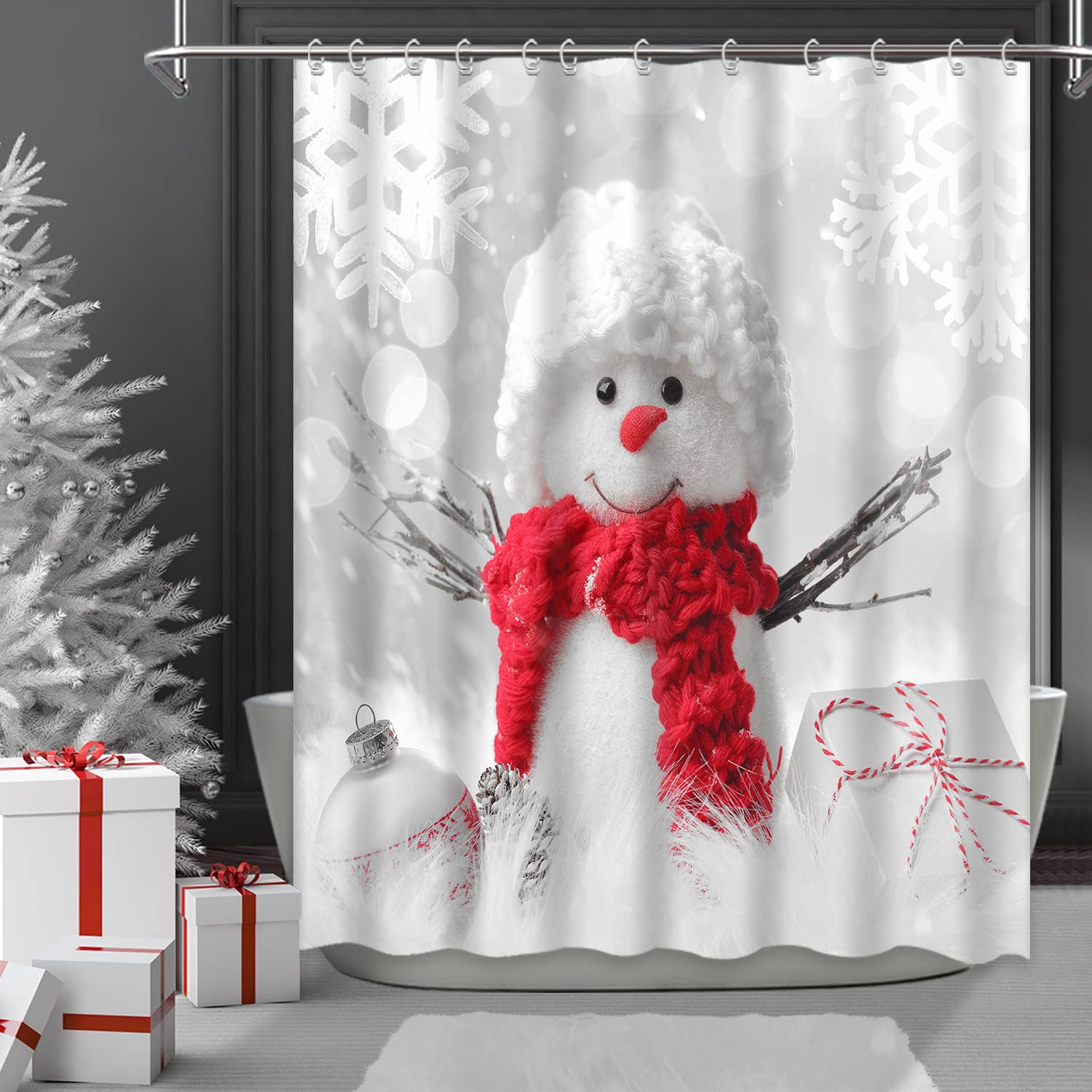 loyapobo Christmas Shower Curtain Snowman Snowflake Silver Red Christmas Bathroom Decor Winter Holiday Xmas Fabric Shower Curtains Set with Hooks, 72" x 72"