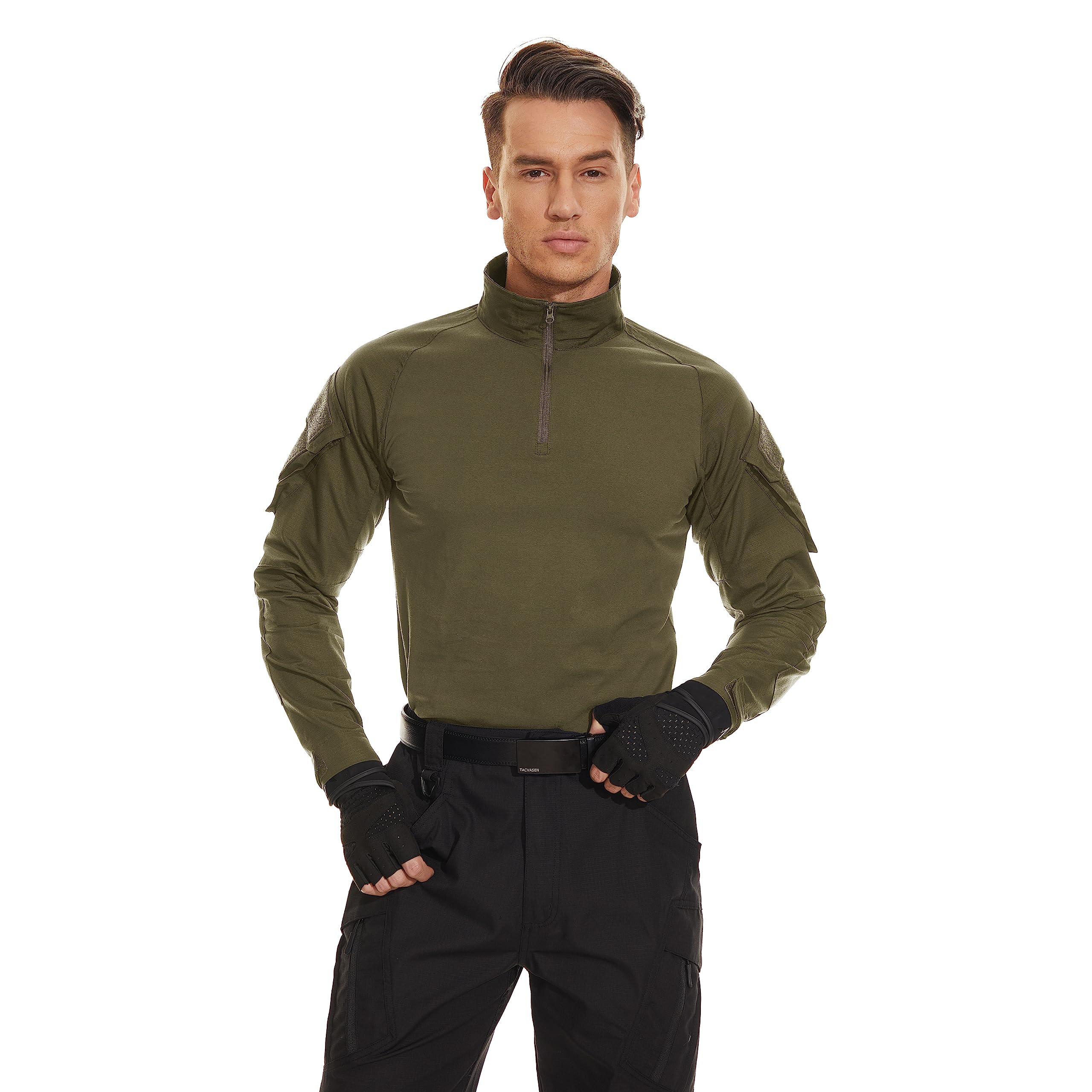 TACVASEN Tactical Shirt for Men 1/4 Zip Combat Shirt Long Sleeve with Pockets Army Pullover Military Lightweight Hiking Shooting Training Green L