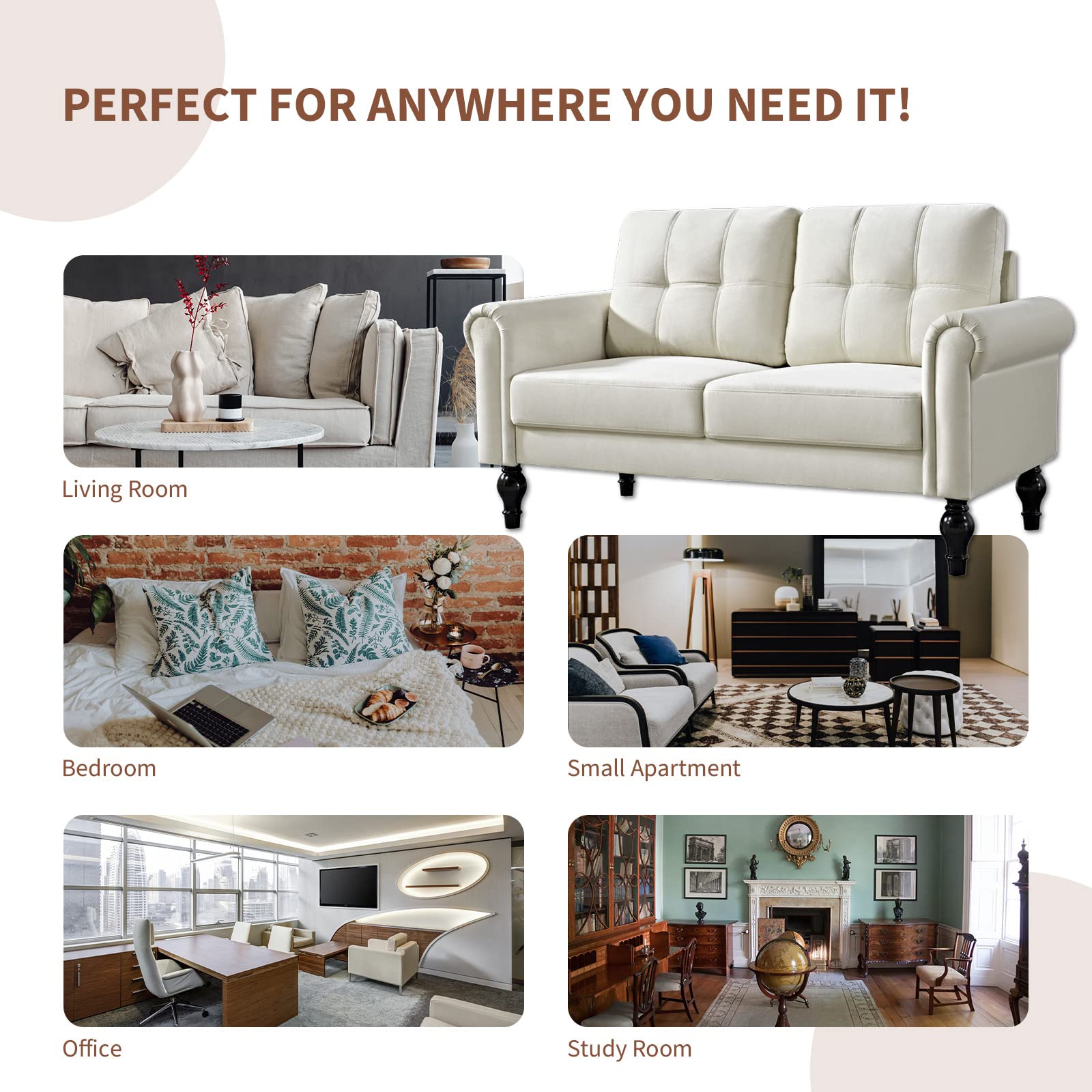 Husbedom 60.6 Inches Loveseat Sofa, Velvet Small Couches for Small Spaces, Comfy Couch for Living Room, Bedroom, Apartment, Studio, Cream Beige Couch