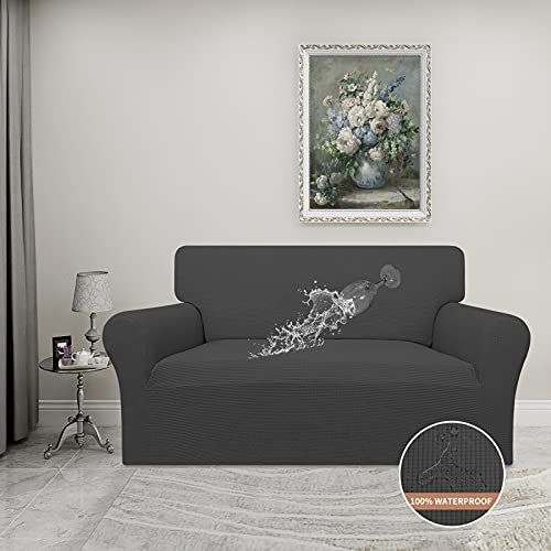 Easy-Going 100% Waterproof Oversized Loveseat Couch Cover, Dual Waterproof Sofa Cover, Stretch Jacquard Sofa Slipcover, Leakproof Furniture Protector for Kids, Pets, Dog and Cat, Dark Gray