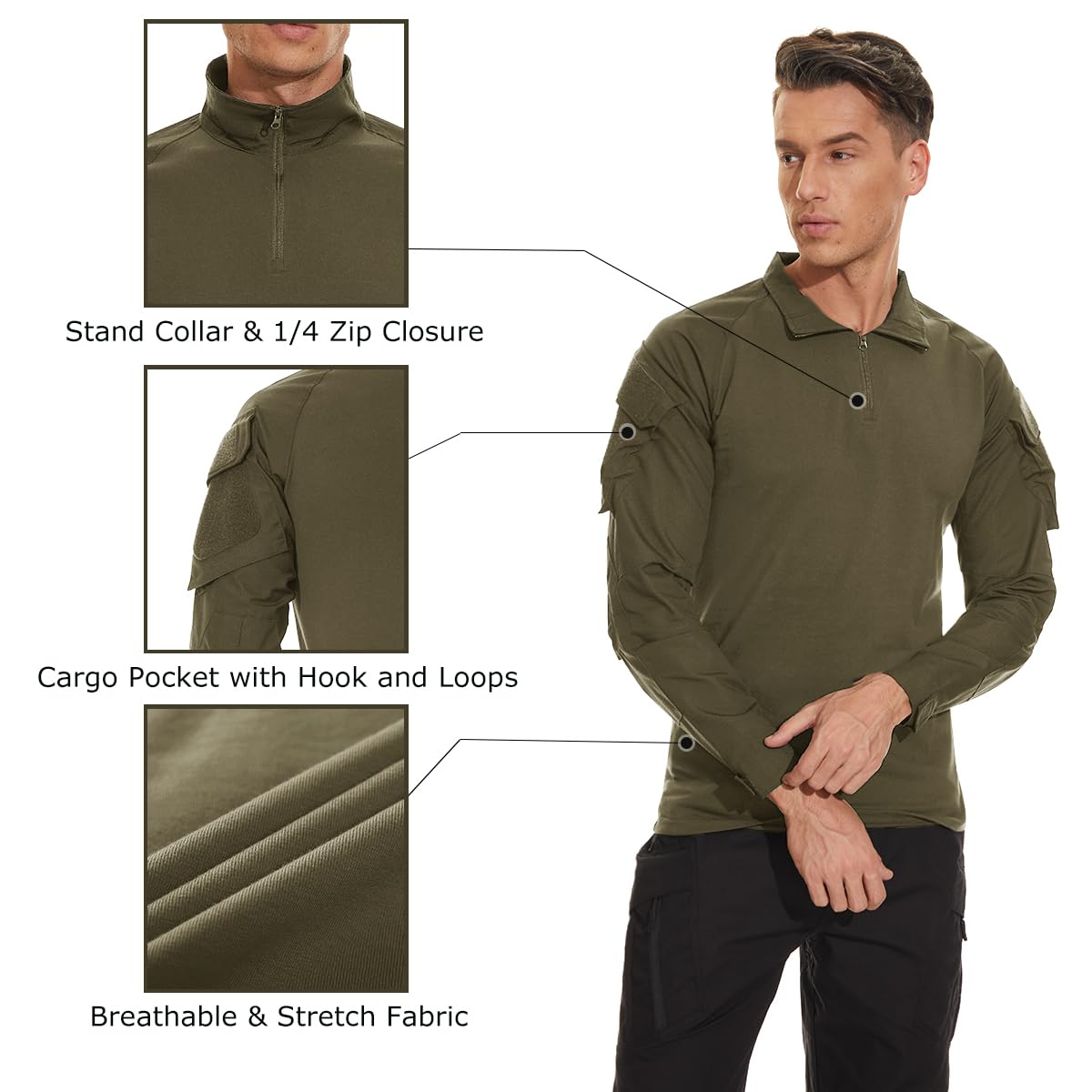 TACVASEN Tactical Shirt for Men 1/4 Zip Combat Shirt Long Sleeve with Pockets Army Pullover Military Lightweight Hiking Shooting Training Green L