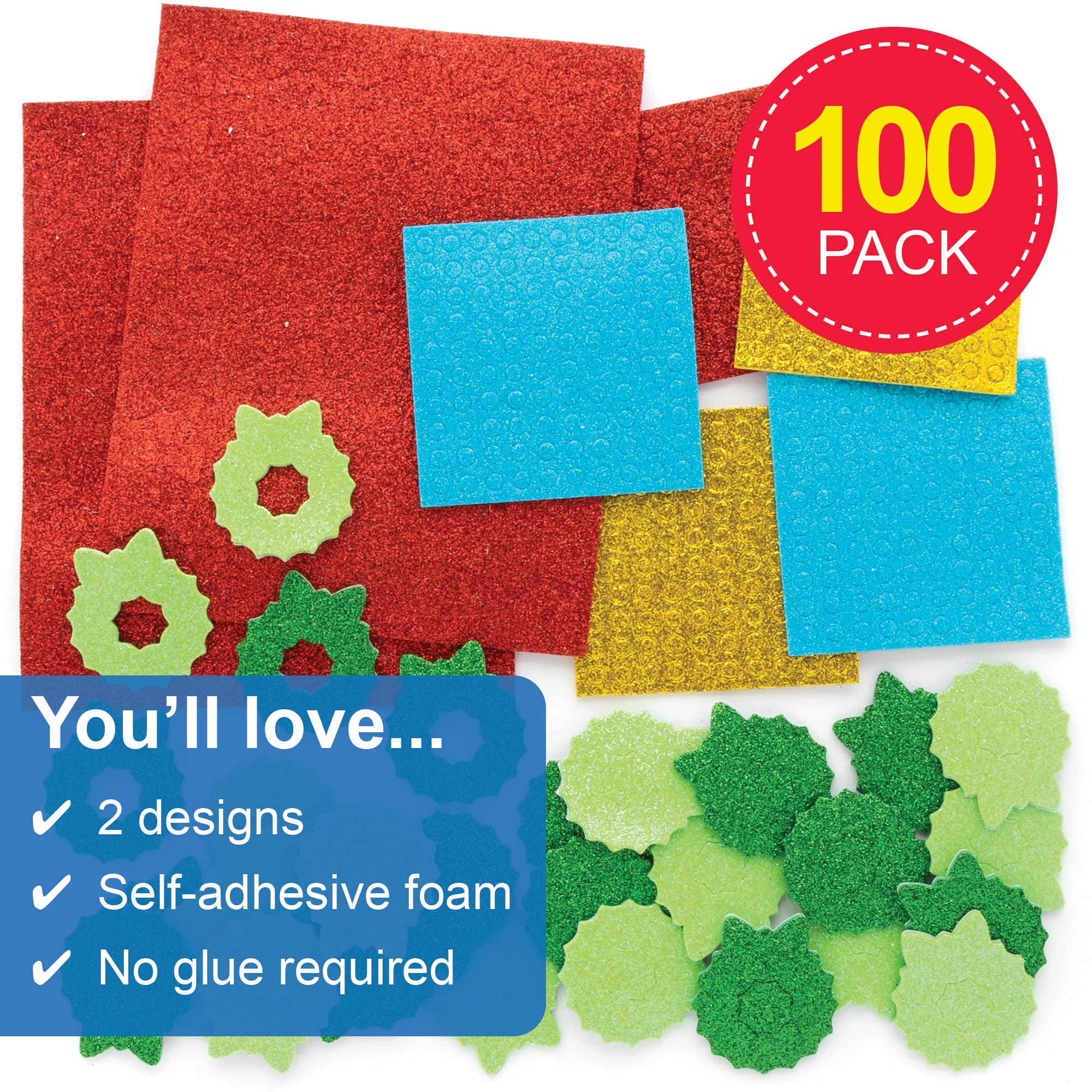 Baker Ross FE917 Christmas Wreath Glitter Foam Stickers - Pack of 100, Kids Stickers, Ideal for Children's Arts and Crafts Projects, Great for Card Making and Scrapbooking
