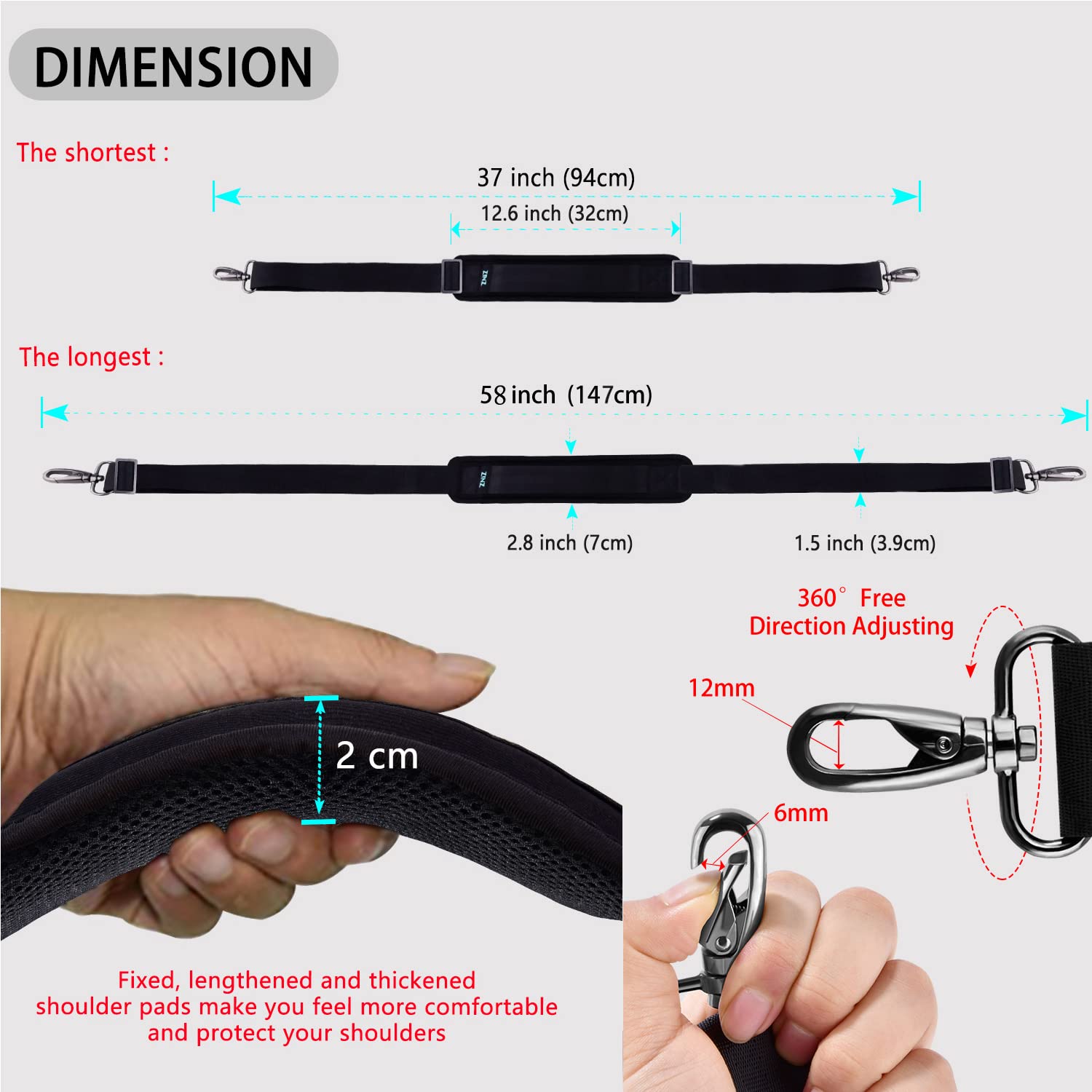 ZINZ Shoulder Strap 58" Universal Handbag Strap with Ultra-Thick Fixed Padded and Dual Balanced Adjustable Buckles Shoulder Crossbody Strap for Briefcase Messenger Bag Laptop Bag Luggage,Black