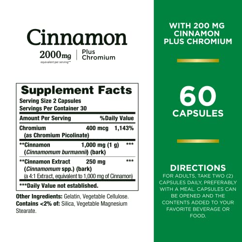 Nature’s Bounty Cinnamon 2000mg Plus Chromium, Sugar Metabolism Support Supplement, 60 Capsules