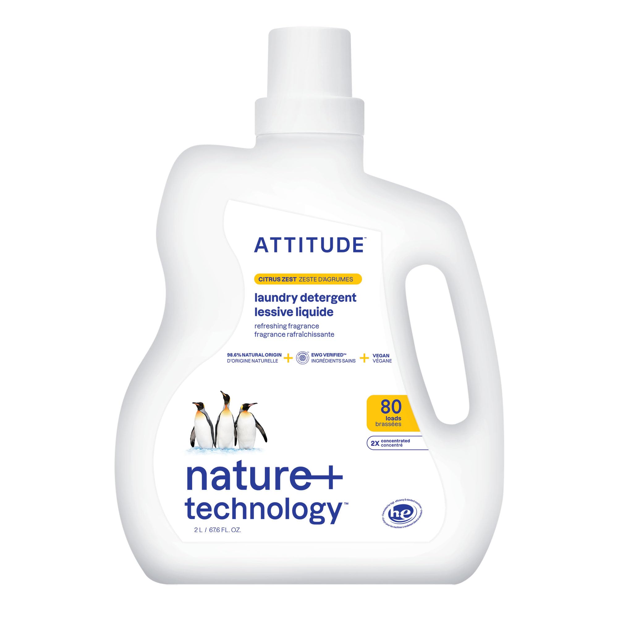 ATTITUDE Liquid Laundry Detergent, EWG Verified Laundry Soap, HE Compatible, Vegan and Plant Based Products, Cruelty-Free, Citrus Zest, 80 Loads, 67.6 Fl Oz