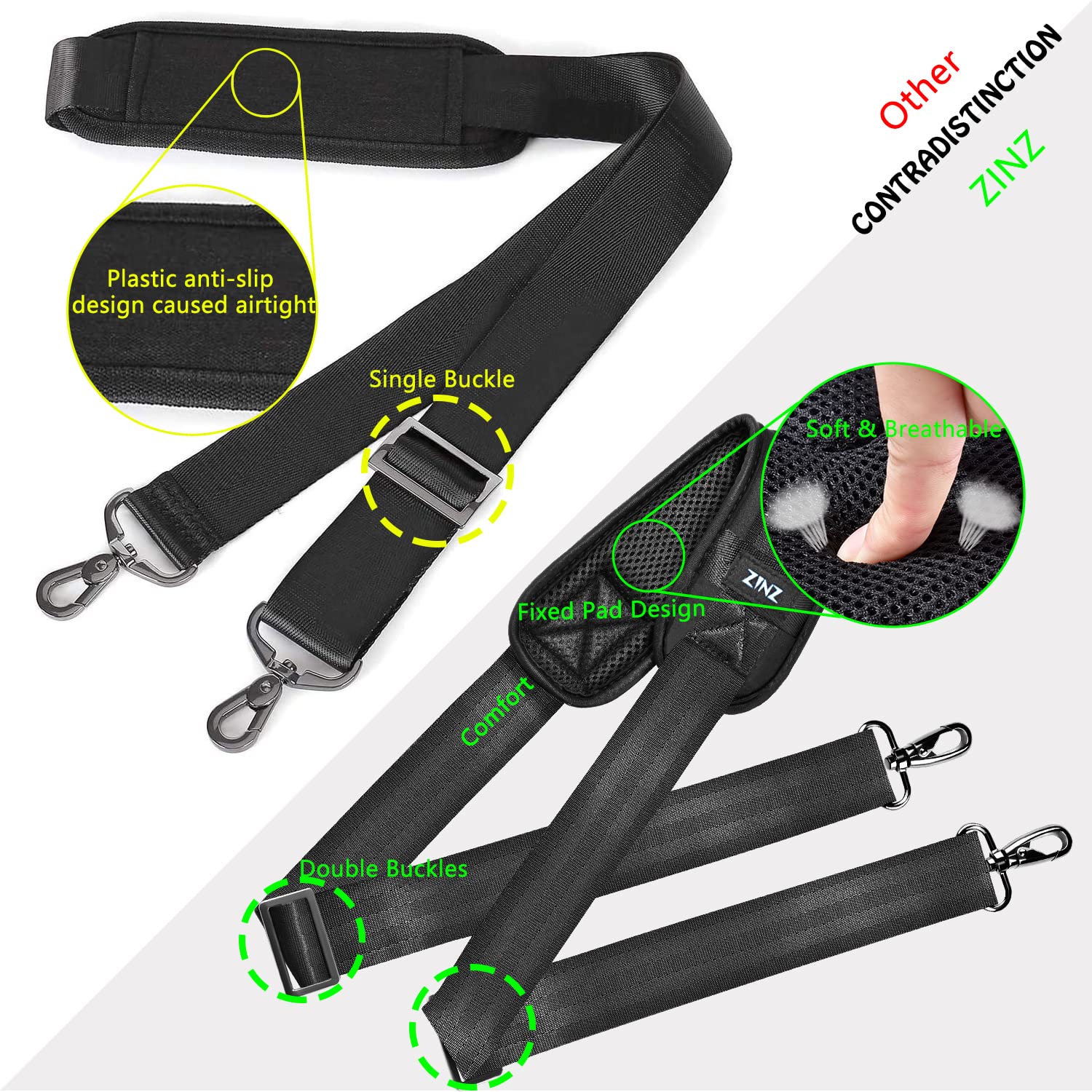 ZINZ Shoulder Strap 58" Universal Handbag Strap with Ultra-Thick Fixed Padded and Dual Balanced Adjustable Buckles Shoulder Crossbody Strap for Briefcase Messenger Bag Laptop Bag Luggage,Black