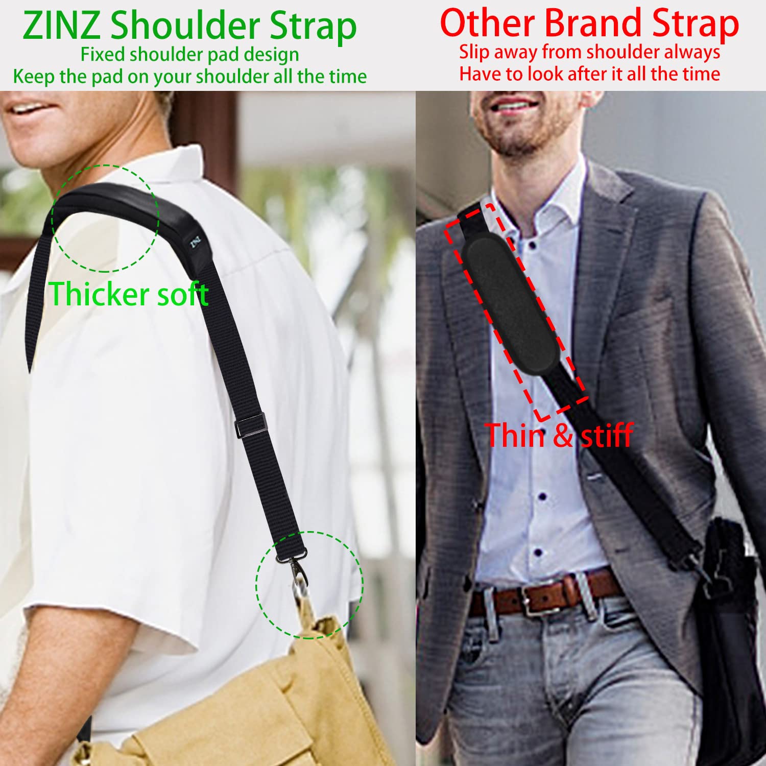 ZINZ Shoulder Strap 58" Universal Handbag Strap with Ultra-Thick Fixed Padded and Dual Balanced Adjustable Buckles Shoulder Crossbody Strap for Briefcase Messenger Bag Laptop Bag Luggage,Black