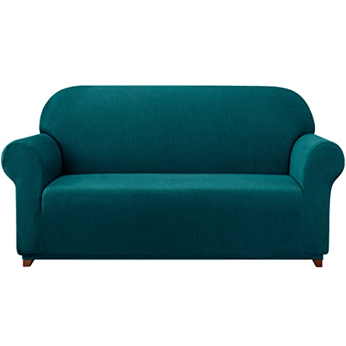 SUBRTEX Stretch Loveseat Sofa Slipcover 2 Piece Sofa Cover 2 Seater Soft Couch Slipcover Washable Furniture Covers, Jacquard Fabric Small Checks(Turquoise,Loveseat)
