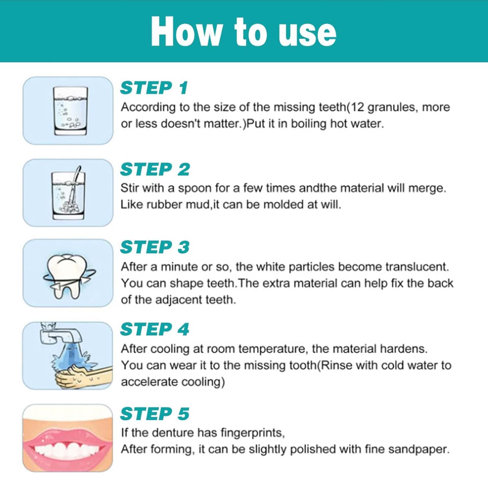 Ganbaro Moldable False Teeth, Teeth Repair Kit, Tooth Repair Granules, Temp Tooth Beads with 4 Dental Tools, Snap On Instant and Confident Smile