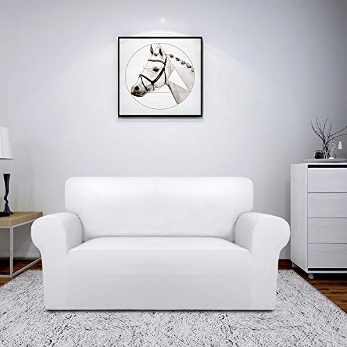 Easy-Going Fleece Stretch Sofa Slipcover Spandex Non-Slip Soft Couch Sofa Cover, Washable Furniture Protector with Anti-Skid Foam and Elastic Bottom for Kids, Pets(Loveseat, Snow White)