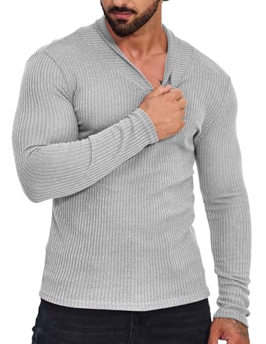 ZAFUL Mens Shawl Collar V Neck Sweater Shirts Lightweight Long Sleeve T Shirts Fitted Knitted Pullover Thermal Top Light Grey