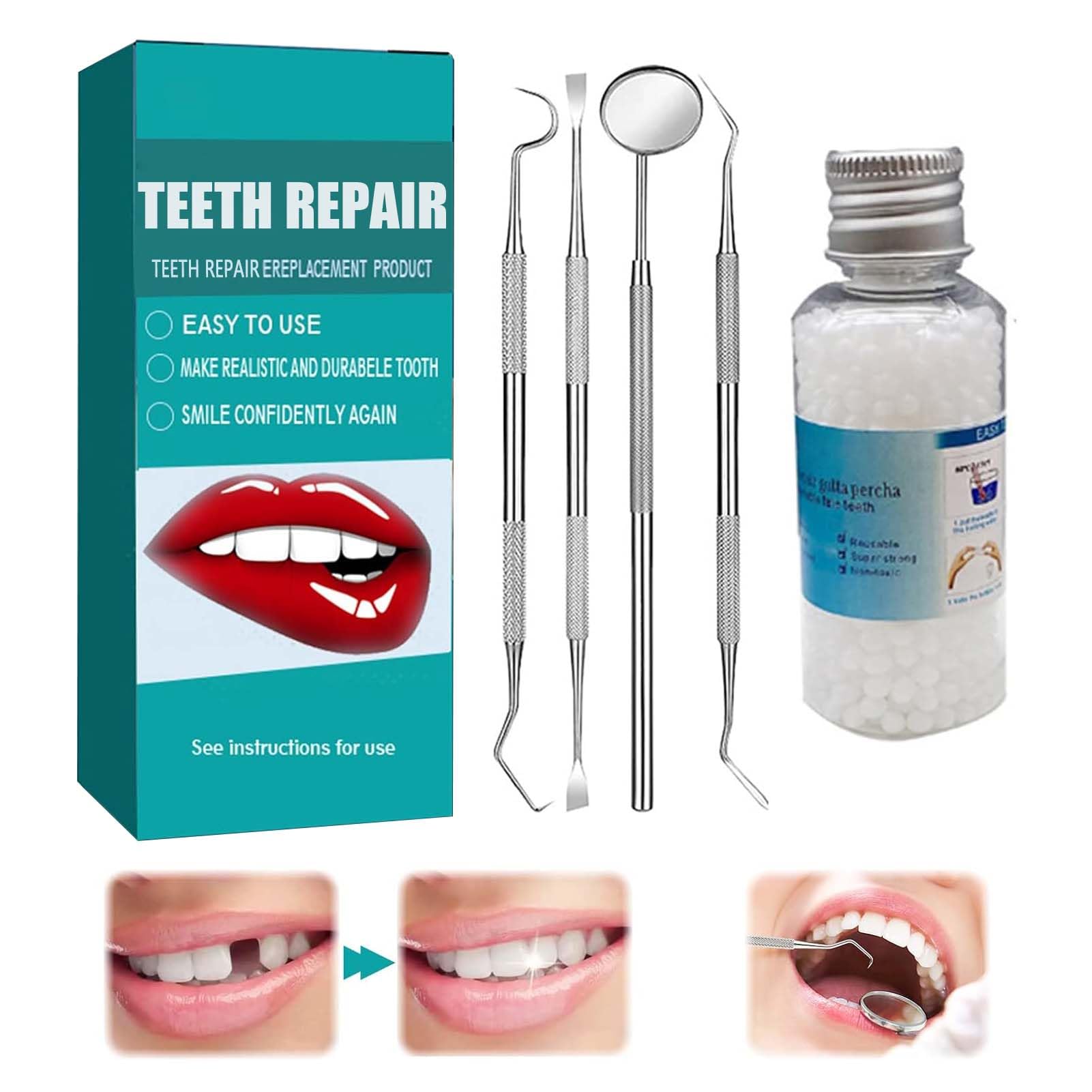 Ganbaro Moldable False Teeth, Teeth Repair Kit, Tooth Repair Granules, Temp Tooth Beads with 4 Dental Tools, Snap On Instant and Confident Smile