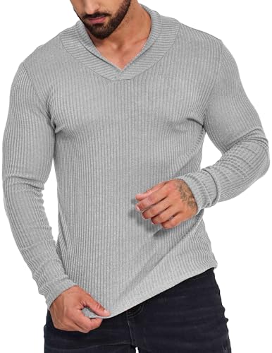 ZAFUL Mens Shawl Collar V Neck Sweater Shirts Lightweight Long Sleeve T Shirts Fitted Knitted Pullover Thermal Top Light Grey