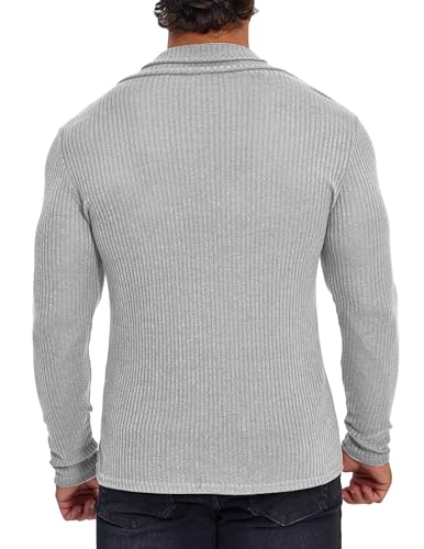 ZAFUL Mens Shawl Collar V Neck Sweater Shirts Lightweight Long Sleeve T Shirts Fitted Knitted Pullover Thermal Top Light Grey