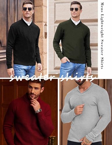 ZAFUL Mens Shawl Collar V Neck Sweater Shirts Lightweight Long Sleeve T Shirts Fitted Knitted Pullover Thermal Top Light Grey