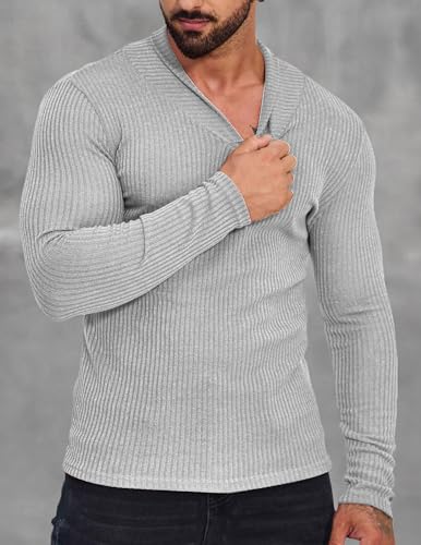 ZAFUL Mens Shawl Collar V Neck Sweater Shirts Lightweight Long Sleeve T Shirts Fitted Knitted Pullover Thermal Top Light Grey