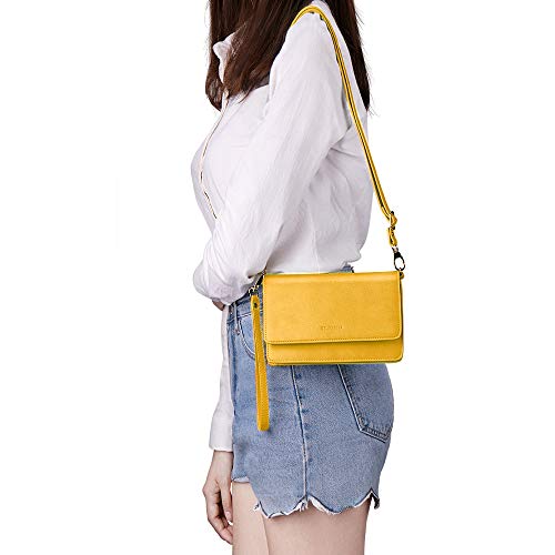 nuoku Women Small Crossbody Bag Cellphone Purse Wallet with RFID Card Slots 2 Straps Wristlet, E- Yellow