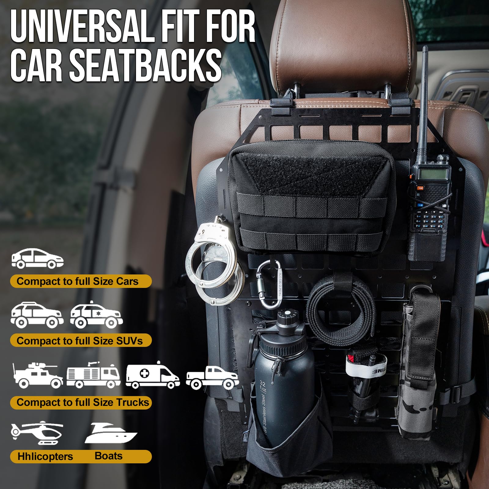 OneTigris Molle Seat Back Organizer, Tactical Rigid MOLLE Car Panel, Fiberglass Universal Car Seat Cover Back Seat Organizer for Vehicles Trucks Cars Mount Rack for Modular Storage & Display