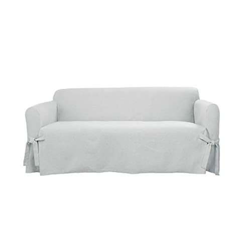 SureFit Farmhouse Basketweave Box Cushion One Piece Slipcover with Ties, Loveseat Cover, Relaxed Woven Fit, 100% Cotton, Machine Washable, Grey Color